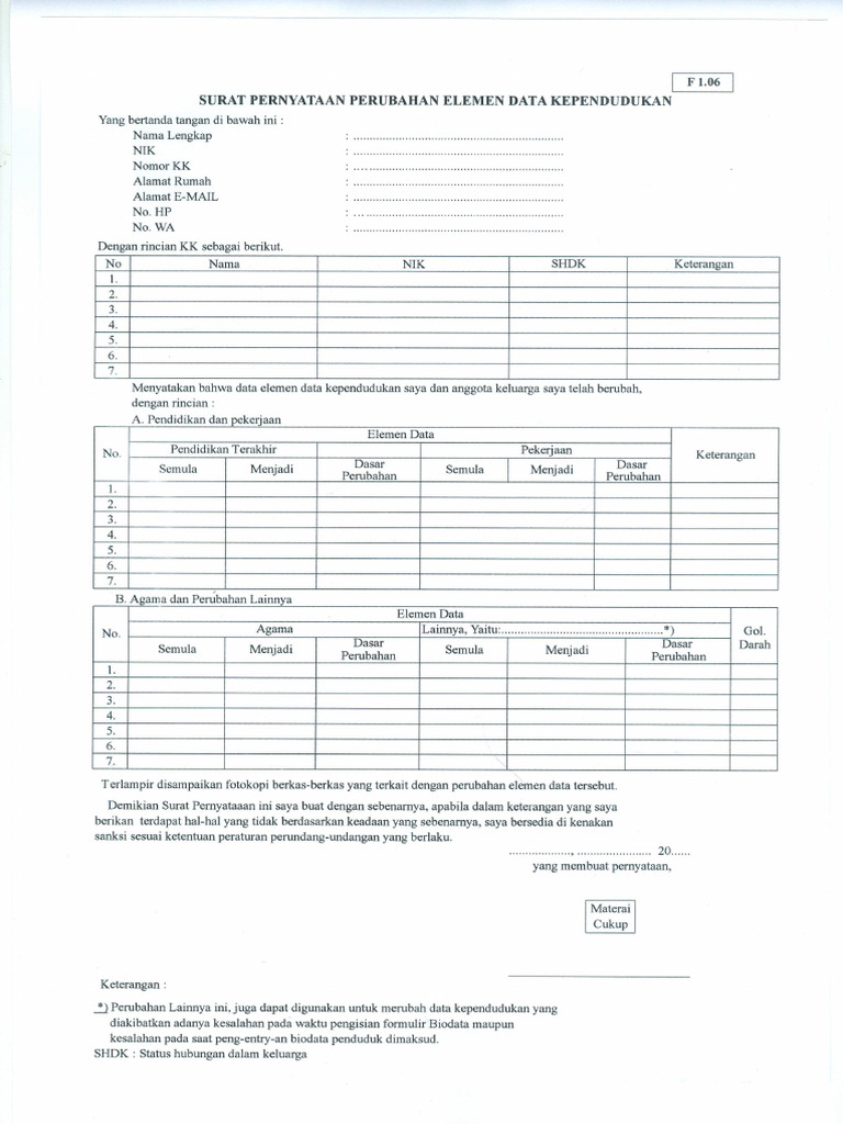 Formulir Perubahan Elemen Data F1.06 | PDF
