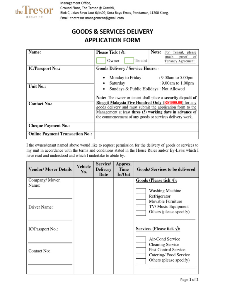 Goods & Services Delivery Application Form | PDF