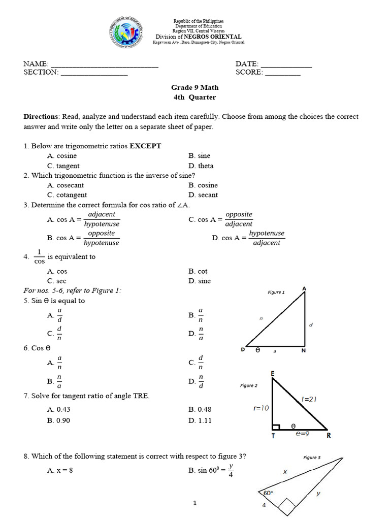 Grade 9 Math Trigonometry Assessment | PDF | Trigonometric Functions ...