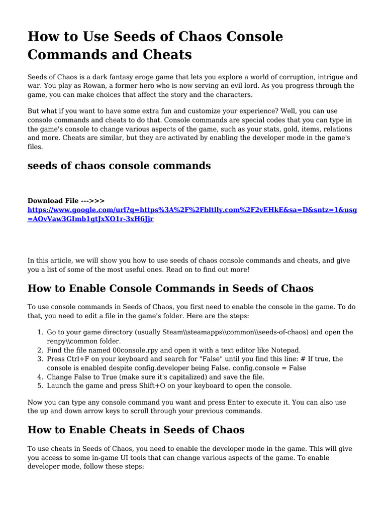 How To Use Seeds of Chaos Console Commands and Cheats | PDF | Command ...