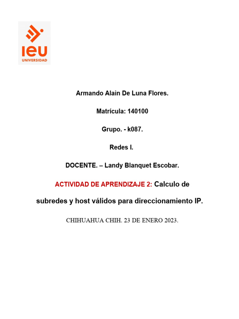 Actividad de Aprendizaje 2calculo de Subredes y Host Validos para ...