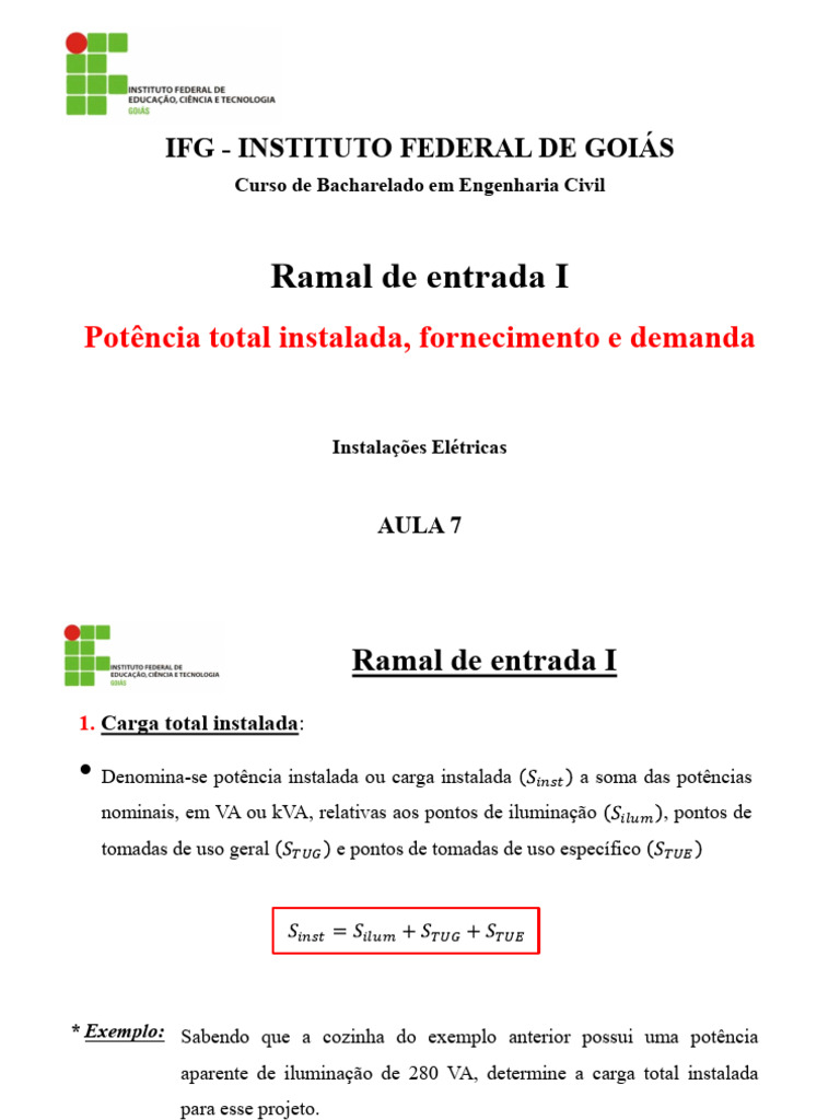 Aula 7 - Ramal de Entrada I - Potência Total Instalada, Fornecimento e Demanda | PDF | Potência ...