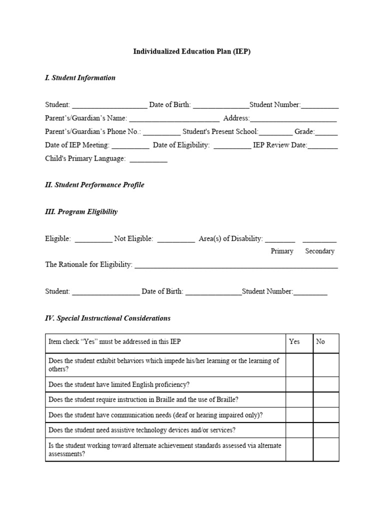 I. Student Information: Individualized Education Plan (IEP) | PDF ...