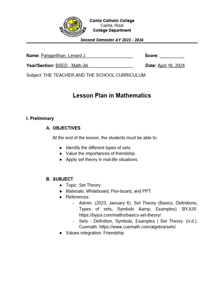 Lesson Plan Set Theory Math | PDF | Numbers | Mathematics