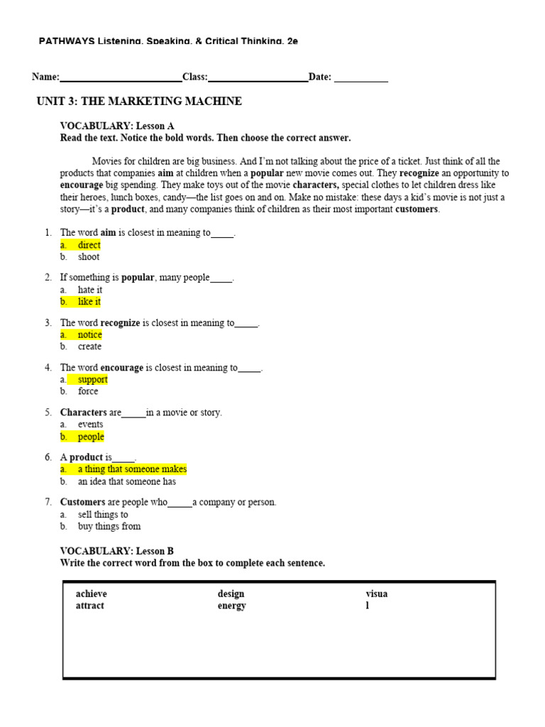 Pathways ls1 2e U3 Test 1 | PDF | Marketing | Vocabulary