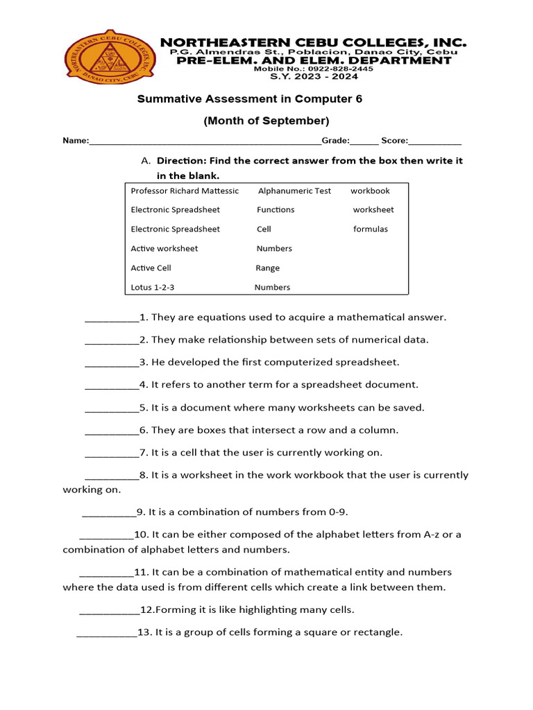Summative Assessment in COMPUTER 6 | PDF | Spreadsheet | Microsoft Excel