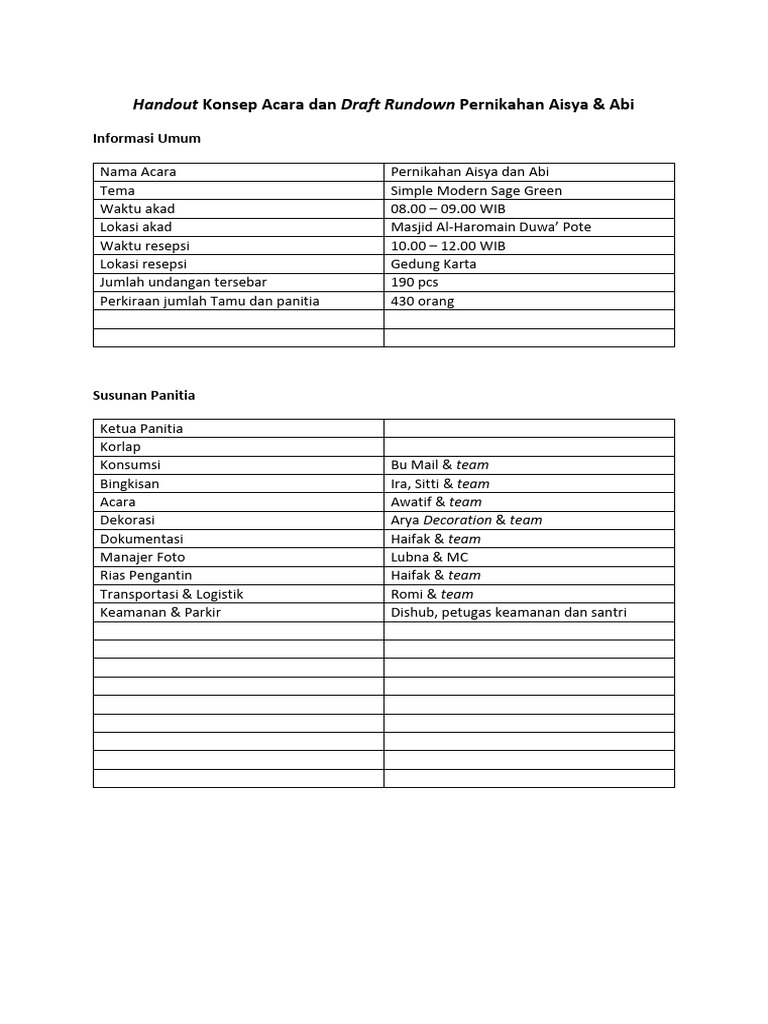 HandOut Konsep Acara Dan Draft Rundown Pernikahan Aisya | PDF