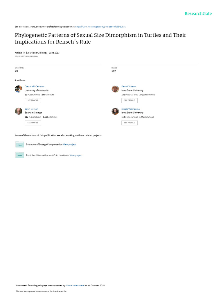 Sexual Size Dimorphism in Turtles | PDF | Evolution | Phylogenetics