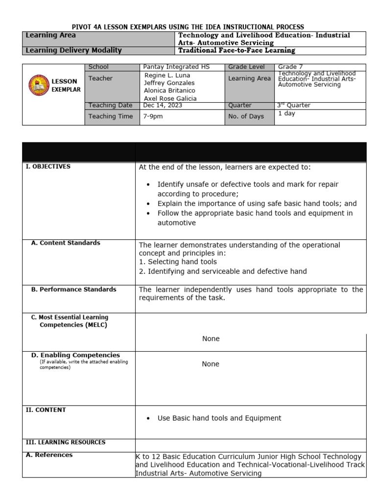 Grade 7 Automotive Tools Lesson Plan | PDF | Learning | Tools