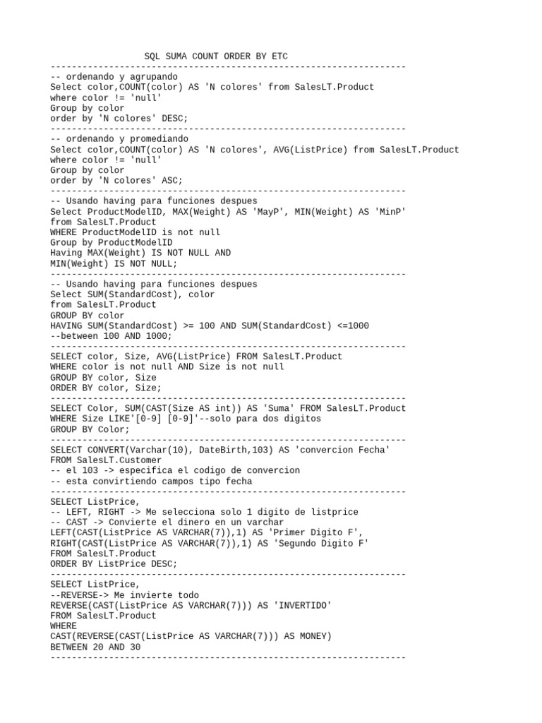 Sql Suma Count Order By Etc Pdf Sql Databases