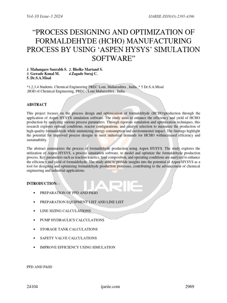 Precess Designing Optimization of Formaldehyde Plant Manufacturing ...