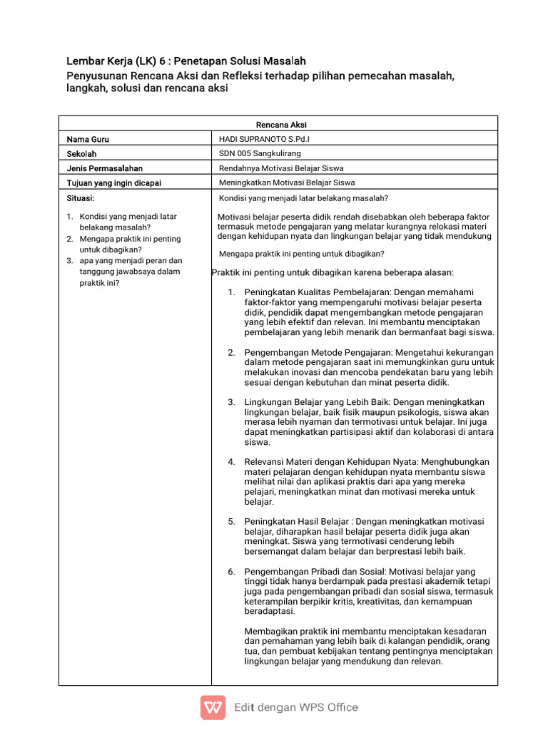 PJBL - LK 6 (Rencana Aksi Dan Refleksi) | PDF
