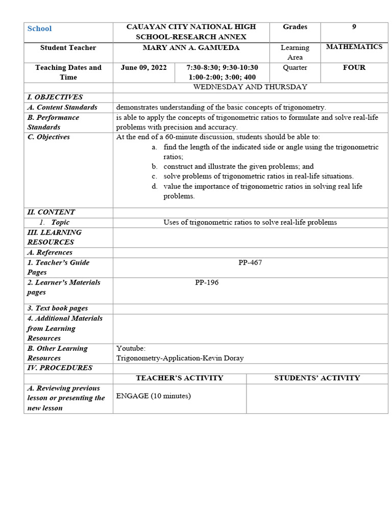 REAL-LIFE-TRIGO-Copy-LESSON PLAN | PDF | Trigonometric Functions ...