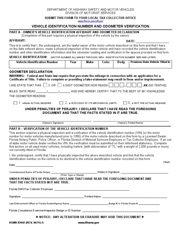 Vehicle Identification Number and Odometer Verification Form ...