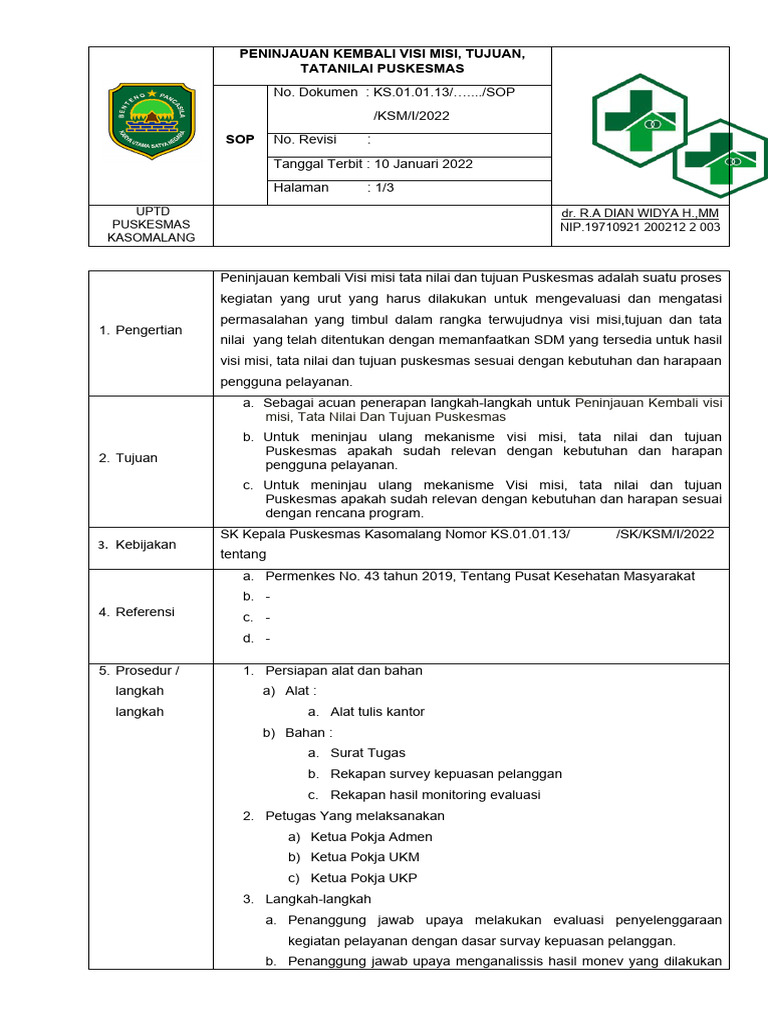 SOP Peninjauan Kembali Visi Misi Tatanilai Dan Tujuan PKM | PDF SOP Peninjauan Kembali Visi Misi Tatanilai Dan Tujuan PKM | PDF