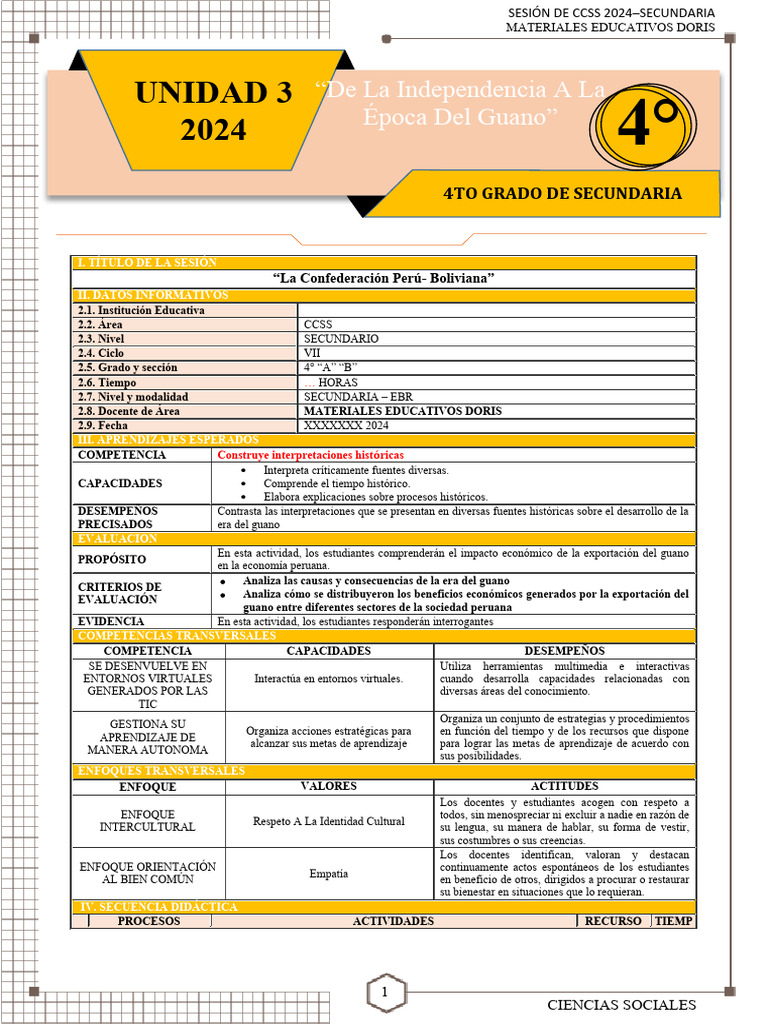 4º Sesiones Sem 4 Uni 3 - CCSS 2024 | PDF | Maestros | Enseñando