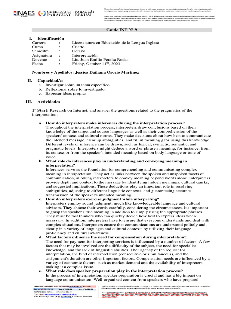 Guide INT 9 - Jessica Osorio | PDF | Language Interpretation ...