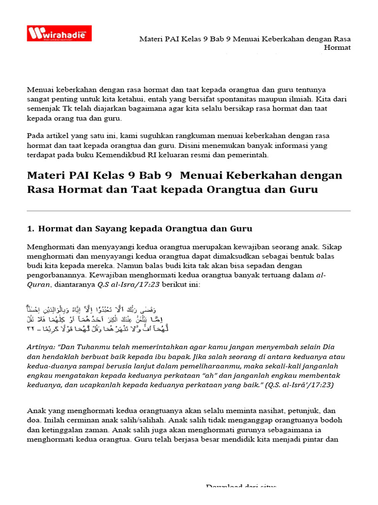 Materi PAI Kelas 9 Bab 9 Menuai Keberkahan Dengan Rasa Hormat Dan Taat Kepada Orangtua Dan Guru ...