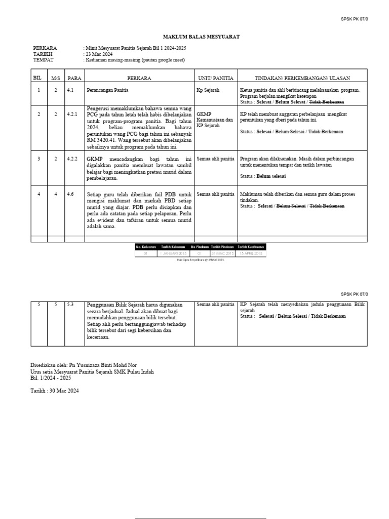 Borang Maklum Balas Minit Mesyuarat 1 2024 | PDF