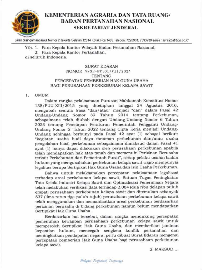 Surat Edaran Percepatan HGU | PDF