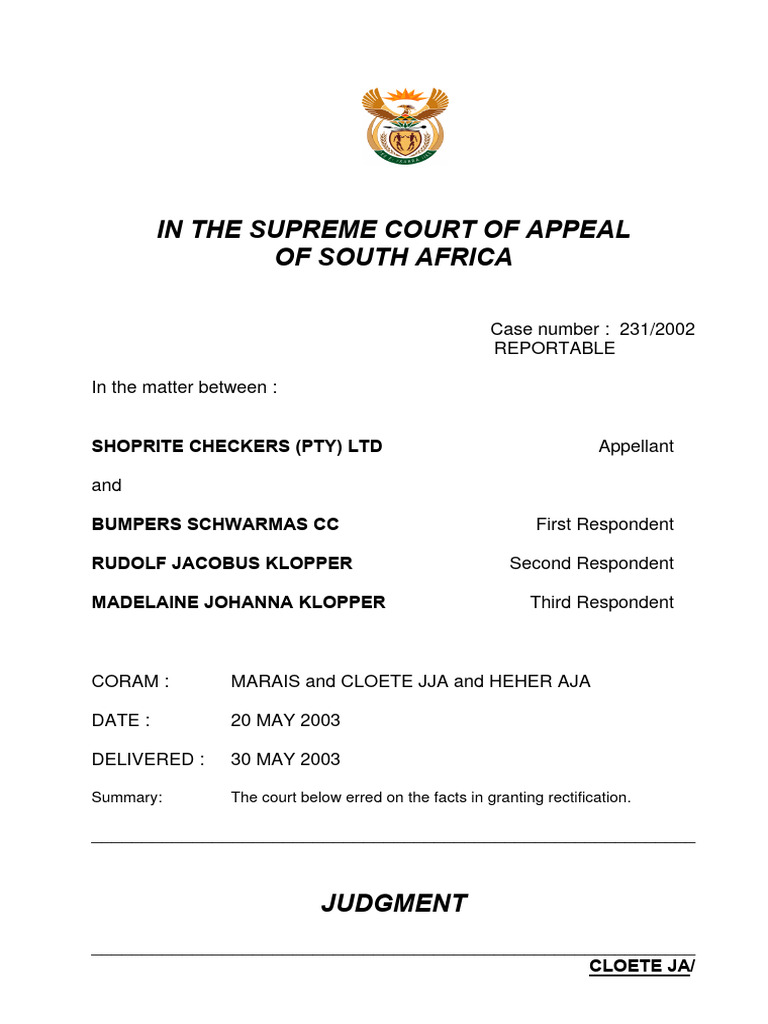 In The Supreme Court of Appeal of South Africa: Shoprite Checkers (Pty) LTD | PDF | Lease ...