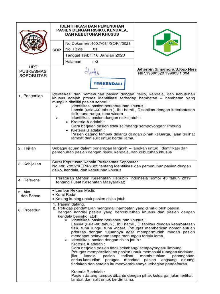 3.1.1.a (2) SOP IDENTIFIKASI DAN PEMENUHAN PASIEN DENGAN RISIKO | PDF