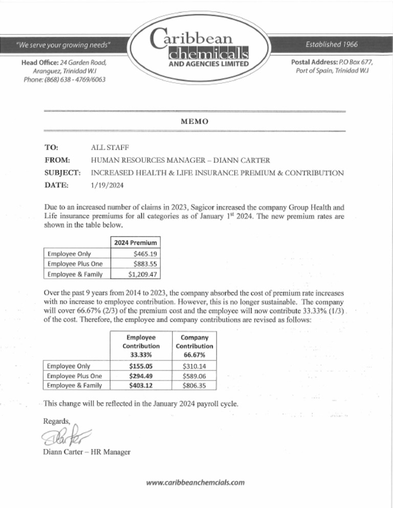 Memo - Increased Health & Life Insurance Premium & Contribution | PDF