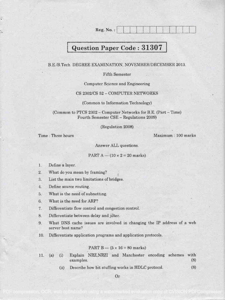 CSE-ND-2013-CS2302-COMPUTER NETWORKS-459155944-CS2302 (Full Permission) | PDF | Transmission ...