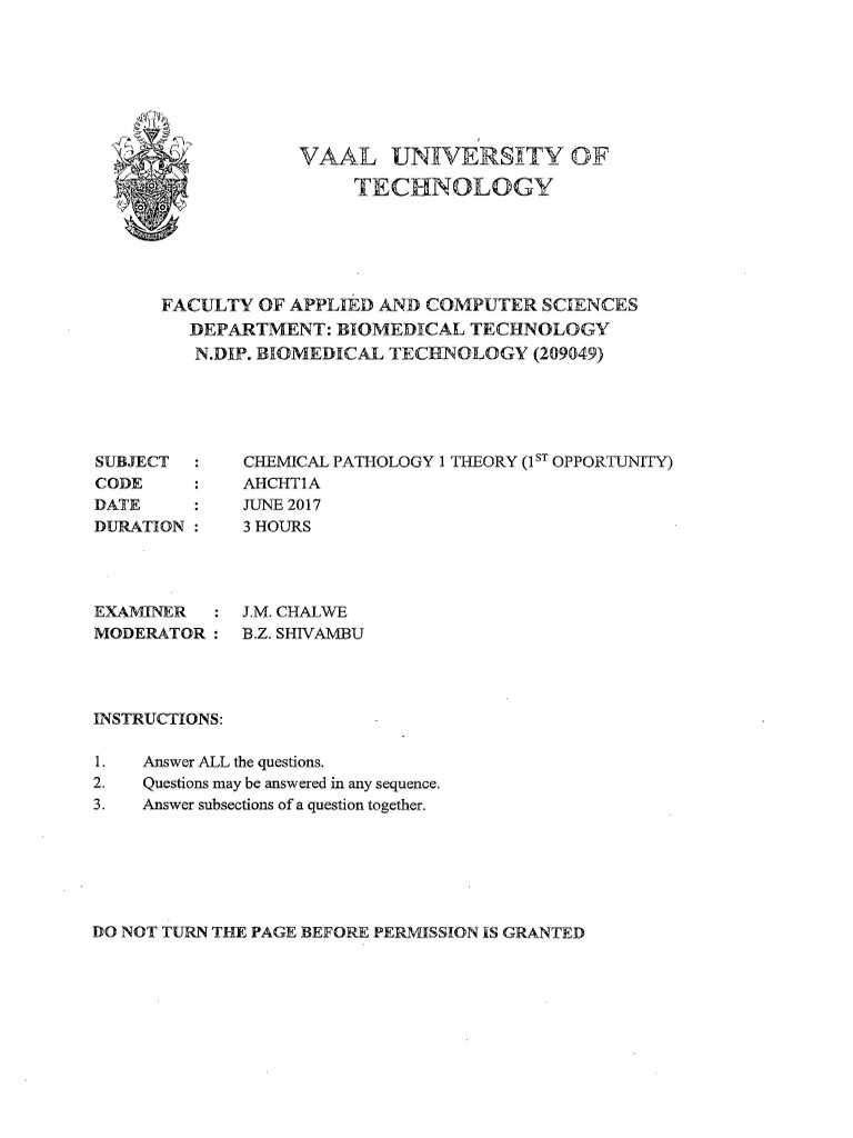Chemical Pathology 1 Theory AHCHT1A June 2017 | PDF