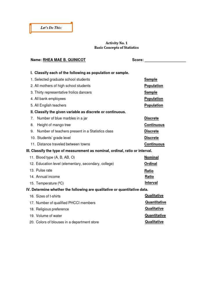 Quinicot, Rhea Mae B. Activity 1 and 2 | PDF | Sampling (Statistics ...