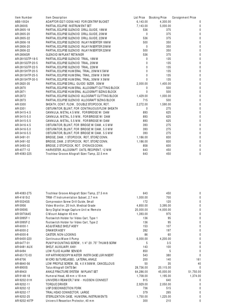 Arthrex Product Pricing Overview | PDF | Screw | Surgical Suture