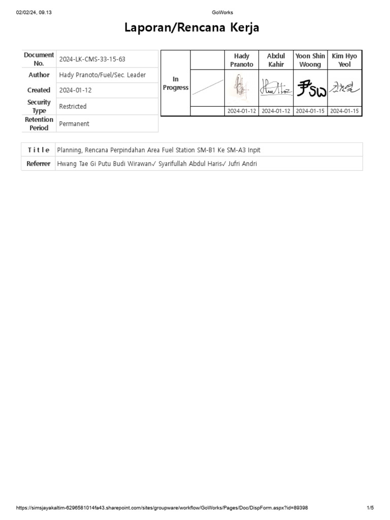 (240425) 2024-LK-CMS-33-15-63 Rencana Perpindahan Area Fuel Station SM-B1 Ke SM-A3 Inpit | PDF