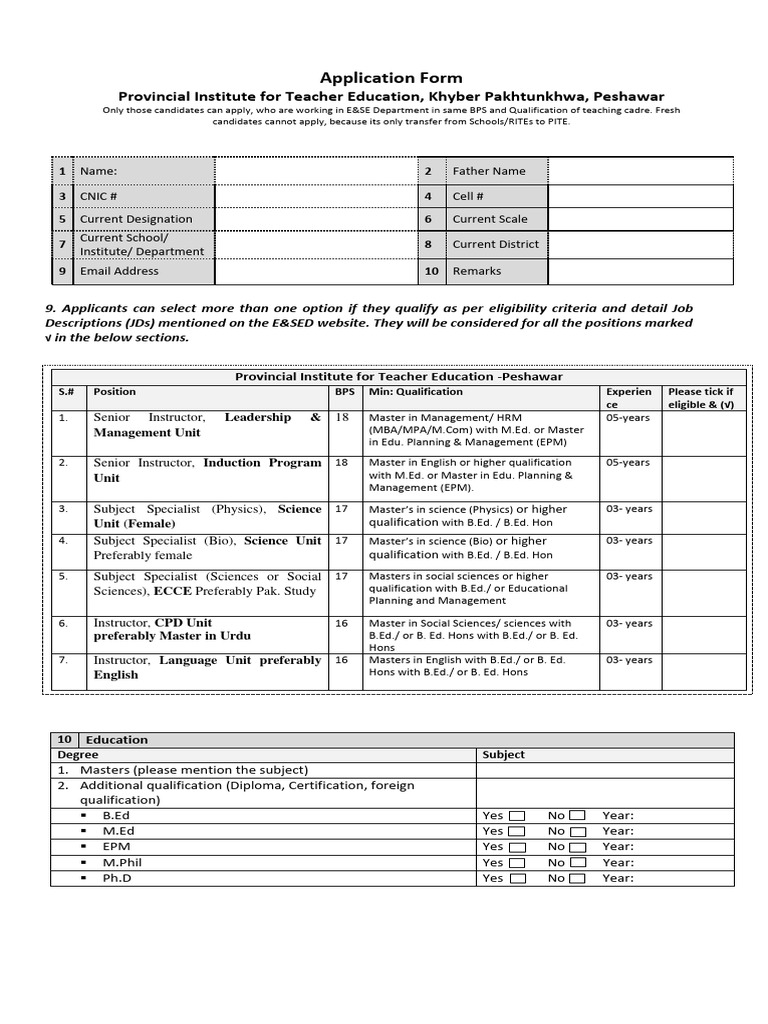 Application Form PITE | PDF | Qualifications | Educational Stages