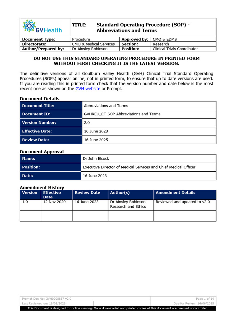 Standard Operating Procedure SOP Abbreviations and Terms | PDF ...