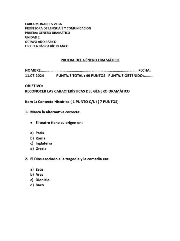 Prueba Del Genero Dramatico | PDF | Teatro