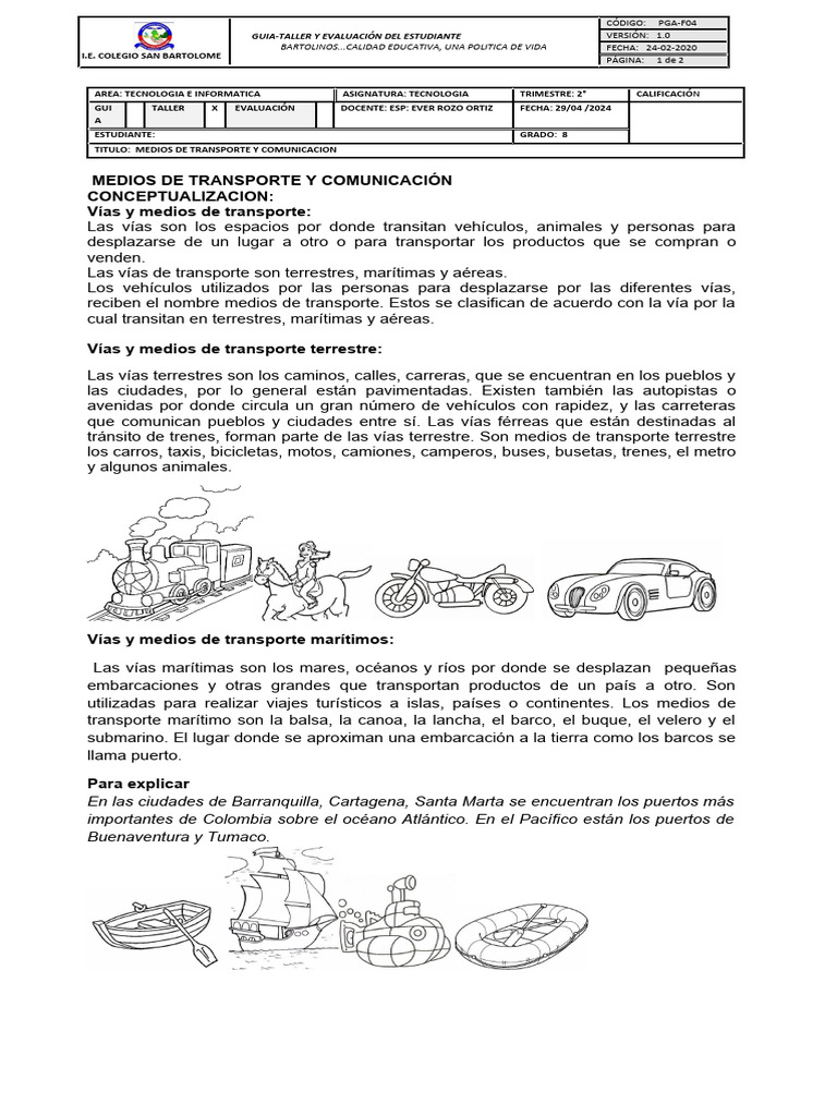 Guia-Medios-de-Transporte-y-Comunicacion GRADO 8 | PDF | Medios de comunicación) | Comunicación