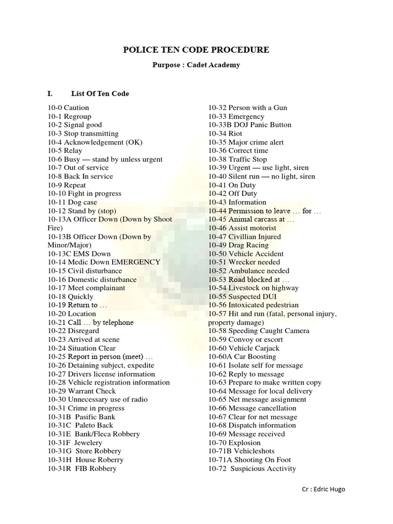 Ten Codes Procedures SASPR | PDF