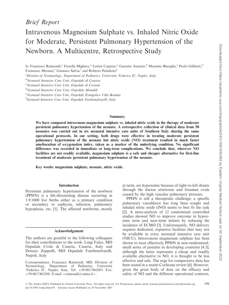 Intravenous Magnesium Sulphate vs. Inhaled Nitric Oxide For Moderate ...