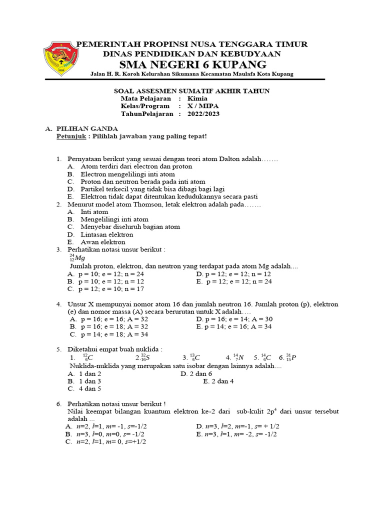 Soal Sumatif Kimia Kelas X | PDF