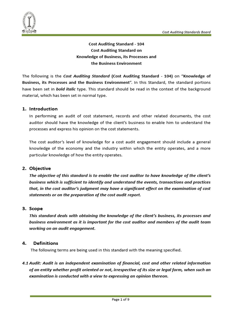 Cost Auditing Standard - 104 Cost Auditing Standard On Knowledge of ...