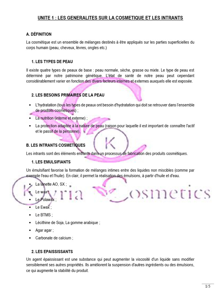 Guide des Intrants Cosmétiques et Types de Peau | PDF | Émulsion ...