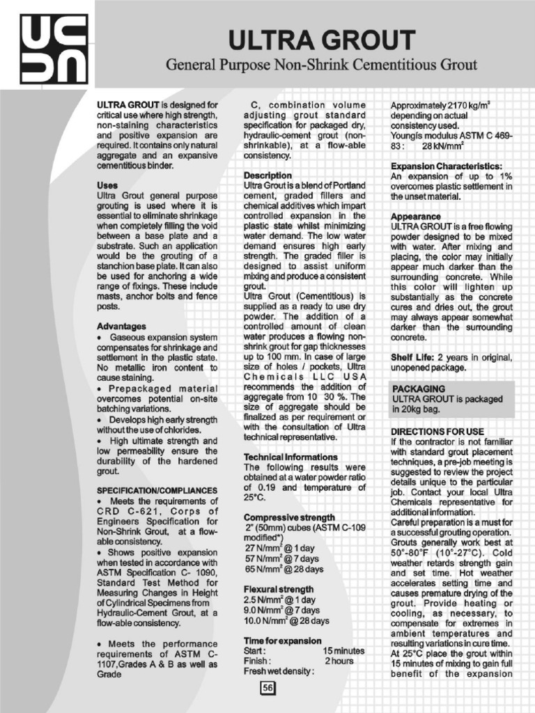 Ultra Grout (NON Shrink Grout) | PDF