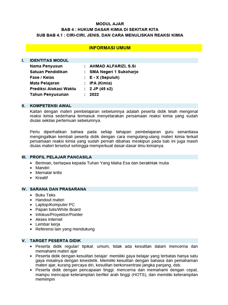 Sub Bab 4.1 - Ciri-Ciri, Jenis, Dan Cara Menuliskan Reaksi Kimia | PDF