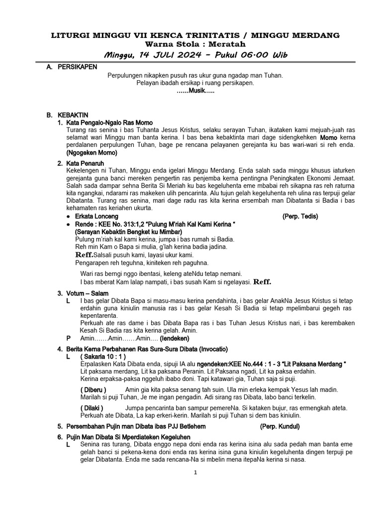 Liturgi Minggu VII Kenca Trinitatis (Minggu Merdang), TGL 14 Juli 2024, JAM 06, BEN, OK | PDF