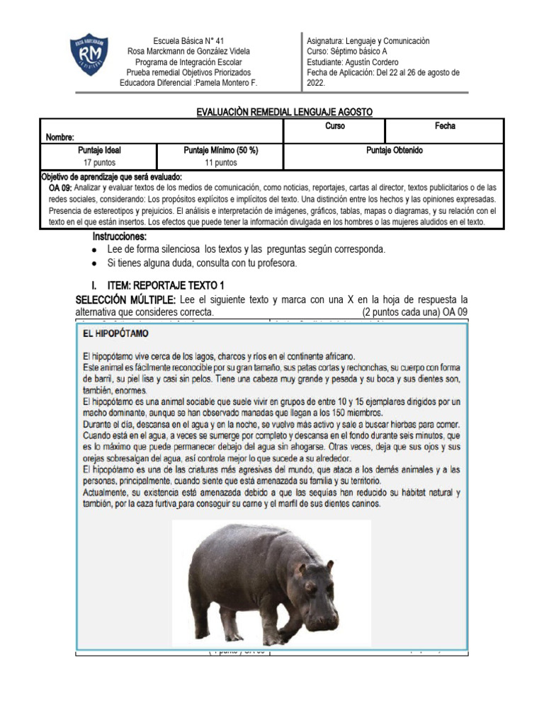 Prueba Lenguaje Remedial 2022 Agustín Cordero | PDF | Hipopótamo