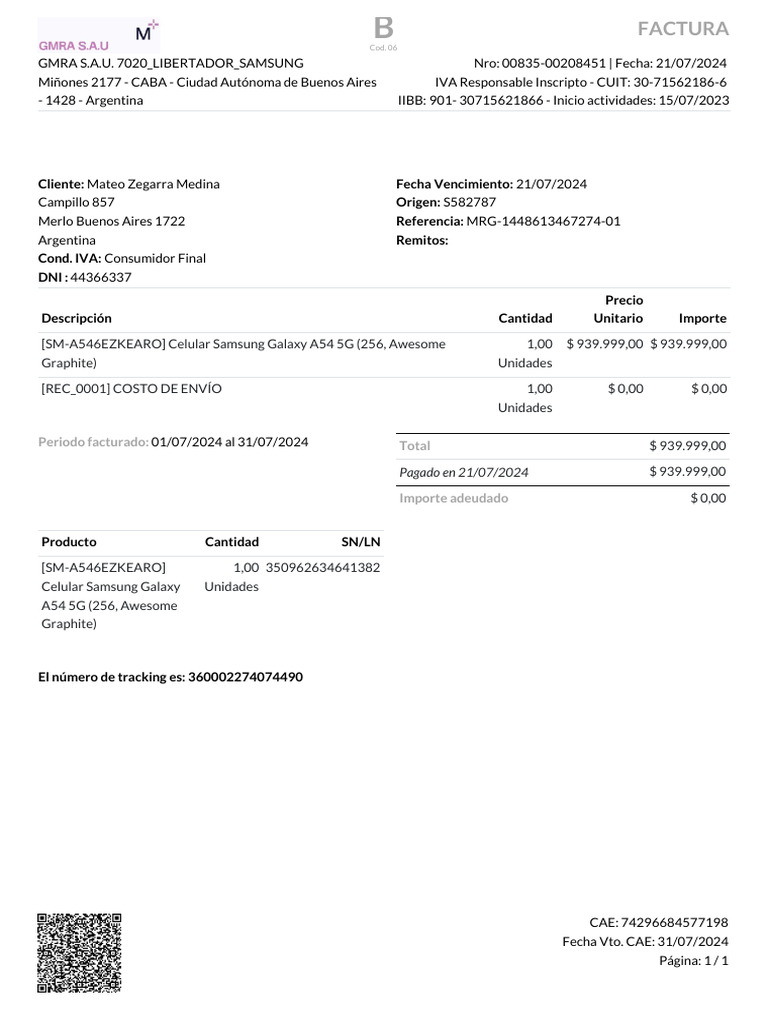 Periodo Facturado: Total: Pagado en 21/07/2024 | PDF