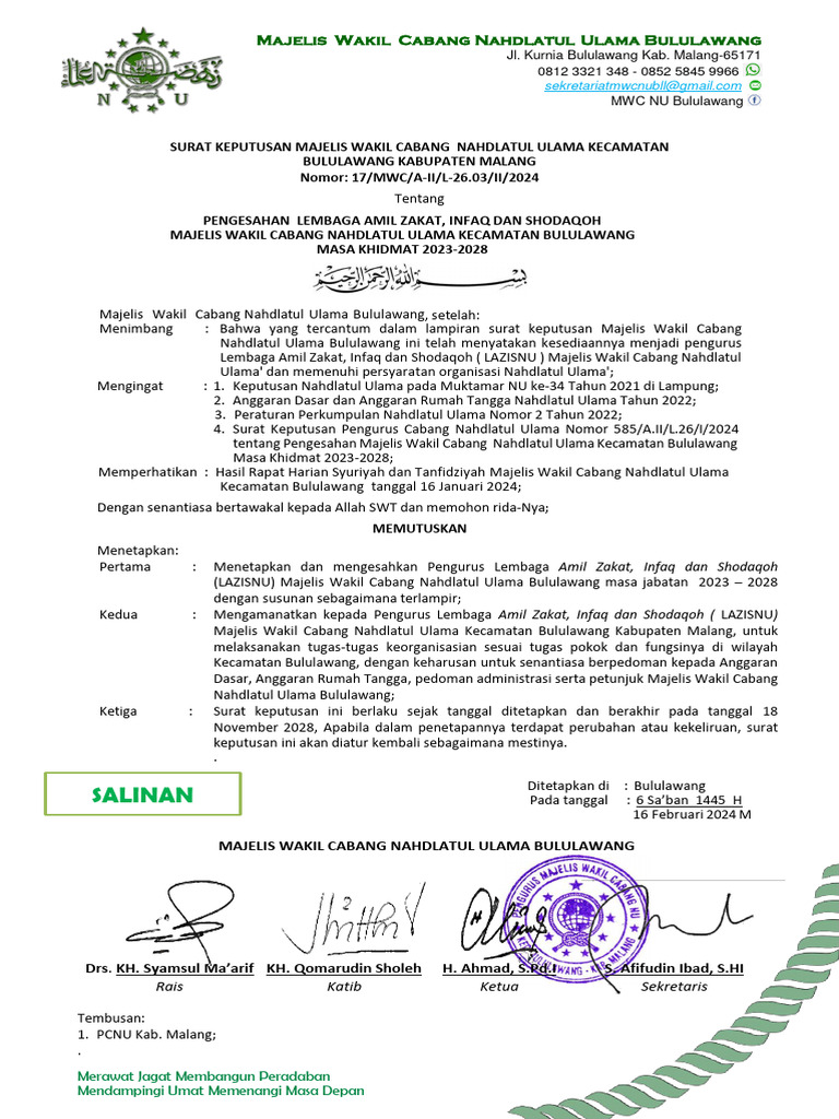 SK LAZISNU MWCNU Bululawang 2023-2028 - SAlinan | PDF