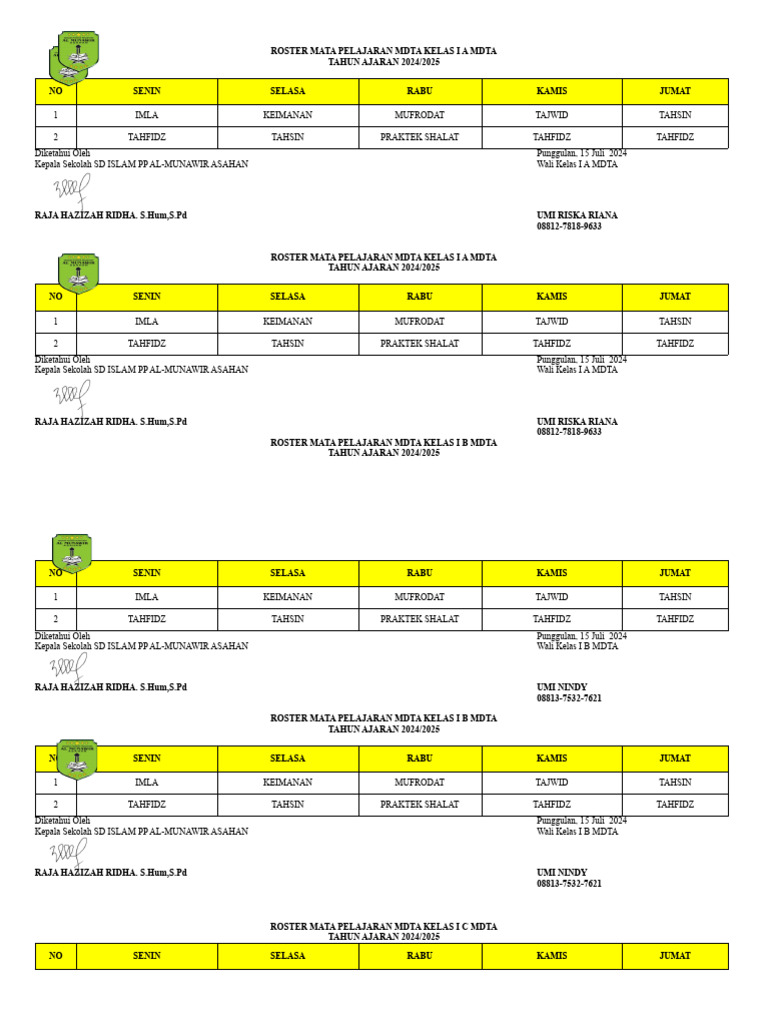 Roster Pelajaran MDTA 2024/2025 | PDF