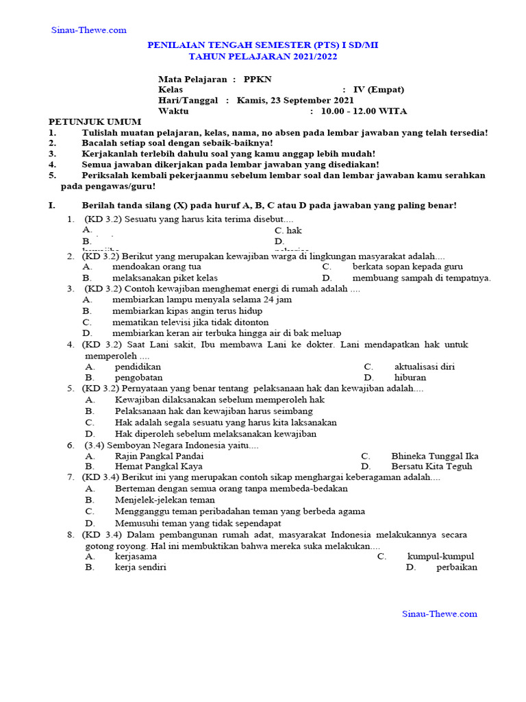 Soal & Jawaban PTS PPKN Kelas 4 Semester 1 Tahun 2021 Sinau-Thewe | PDF