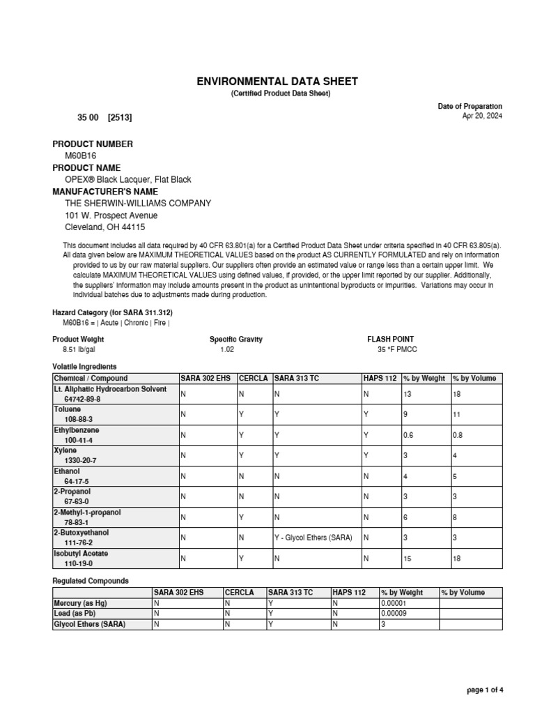 Sherwin Williams Opex Black Lacquer EDS | PDF | Volatile Organic ...